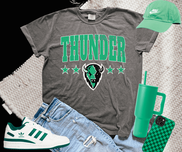 Distressed Green Thunder Stars Mascot on Charcoal Tee - The Red Rival
