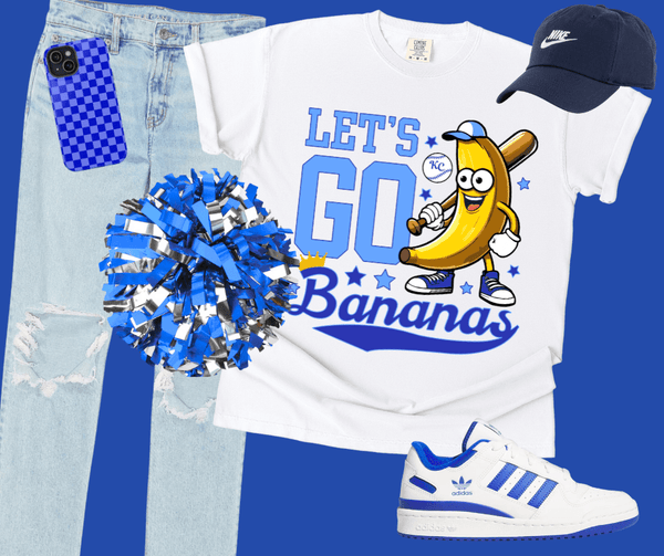 Light Blue/Royal Blue Let's Go Bananas White Graphic Tee - The Red Rival